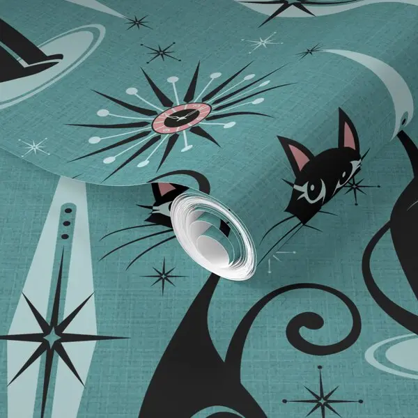 Spoonflower Diamonds Retro Cat 1950s Fifties Starburst Custom Pre-pasted Wallpaper - Blue,black,green