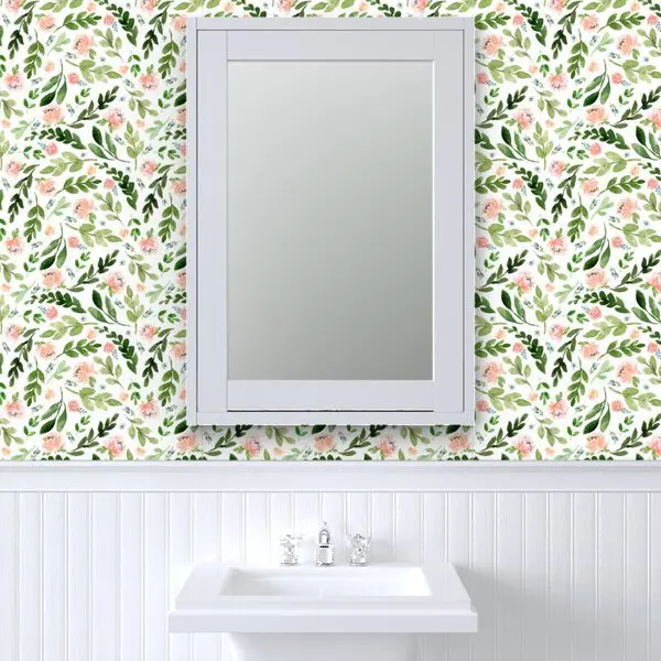 Spoonflower Flowers Leaves Floral Peony Wedding Peonies Custom Pre-pasted Wallpaper - Green