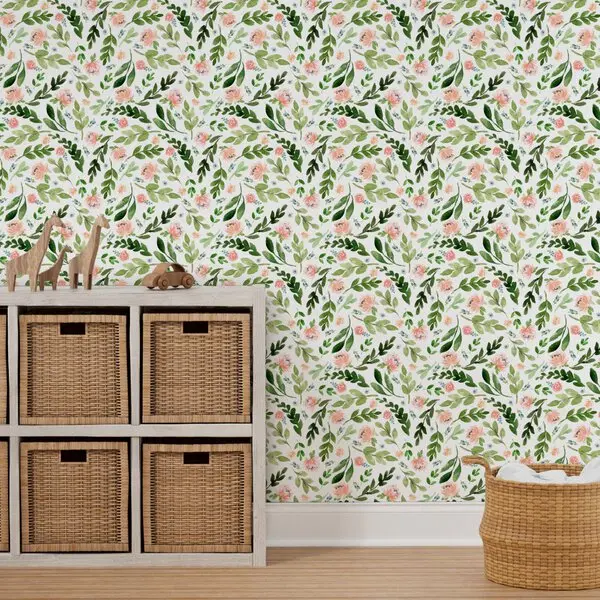 Spoonflower Flowers Leaves Floral Peony Wedding Peonies Custom Pre-pasted Wallpaper - Green