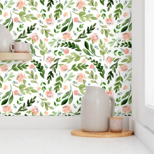 Spoonflower Flowers Leaves Floral Peony Wedding Peonies Custom Pre-pasted Wallpaper - Green