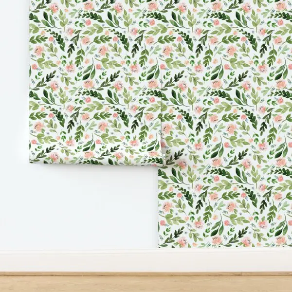 Spoonflower Flowers Leaves Floral Peony Wedding Peonies Custom Pre-pasted Wallpaper - Green