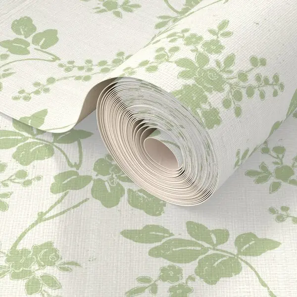Spoonflower Basil Flowers Floral Romantic Shabby Chic 100% Natural Sisal Grasscloth Wallcovering - Green