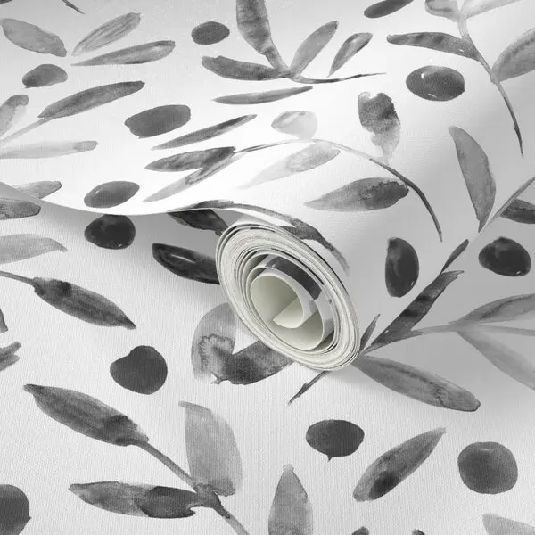 Spoonflower Black And White Leaves Nature Grey Leaf Jungle Custom Pre-pasted Wallpaper - White,gray