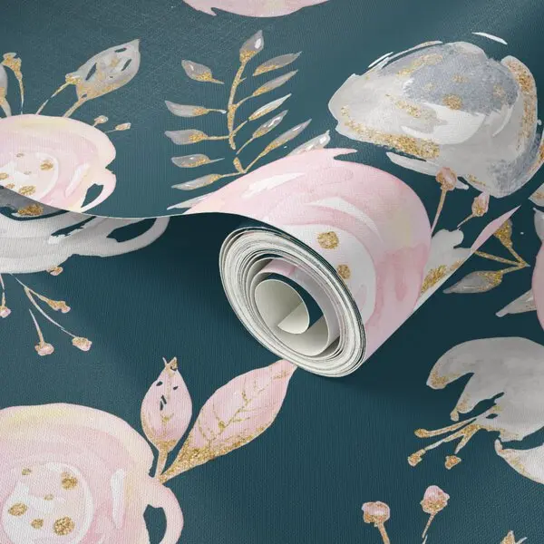 Spoonflower Pink Floral Ballerina Gold Teal Blush Custom Pre-pasted Wallpaper - Blue,pink,brown