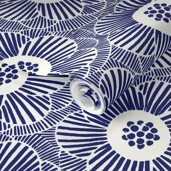 Spoonflower Blue White Medium Flower Flowers Floral Modern Custom Pre-pasted Wallpaper - Blue,white