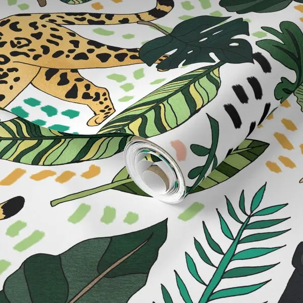 Spoonflower Emerald Rainforest Animals Green Sloth Jaguar Custom Pre-pasted Wallpaper - Green,pink,yellow