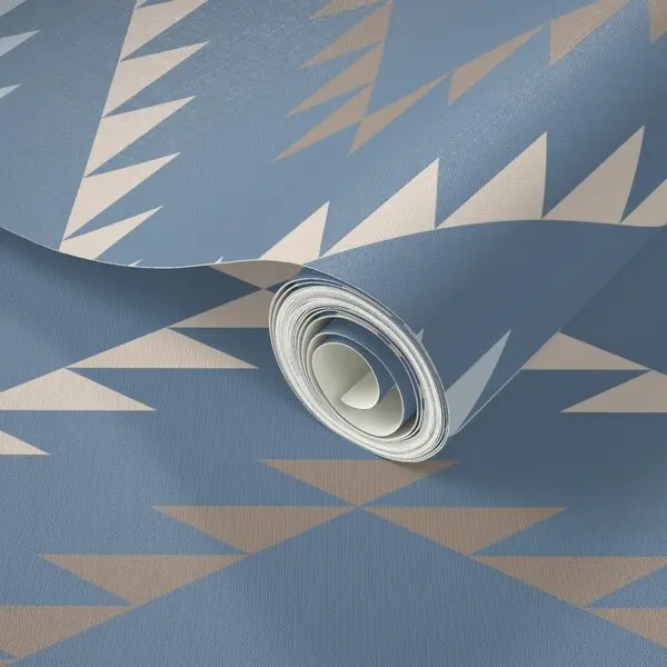 Spoonflower Blue Brown Geometric Light Beige Tribal Custom Pre-pasted Wallpaper - Blue,gray