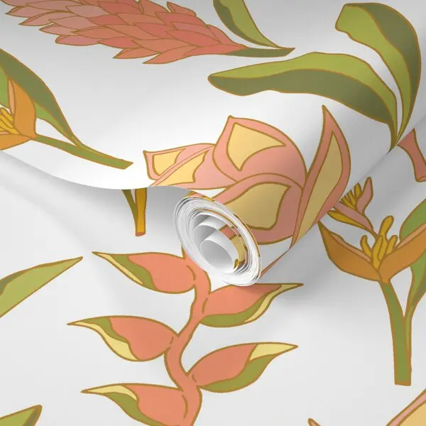 Spoonflower Floral Tropical Hawaii Ginger Flowers Heliconia Custom Pre-pasted Wallpaper - Gray,green,orange