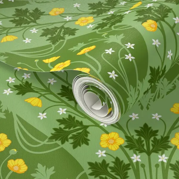 Spoonflower Nouveau Large Green Vines Floral Art Custom Removable Wallpaper - Green,sage