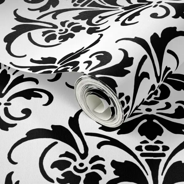 Spoonflower Damask Victorian Black White Vintage Fancy Custom Pre-pasted Wallpaper - White,black,gray