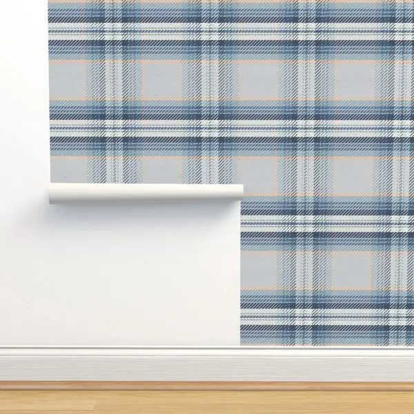 Spoonflower Blue And Plaid 100% Natural Sisal Grasscloth Wallcovering