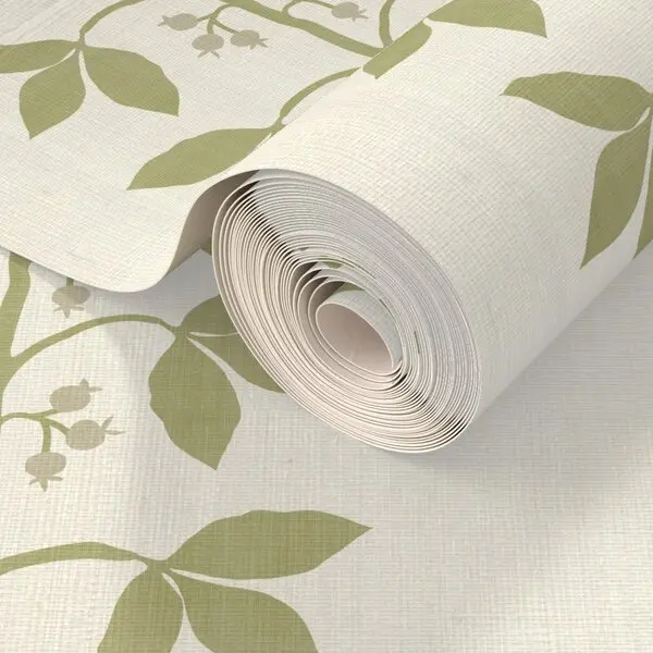 Spoonflower Berry Vine Stripe Anne Green And Khaki 100% Natural Sisal Grasscloth Wallcovering - Green,tan