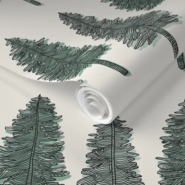 Spoonflower Forest Trees Toile Pine In The Woods Deep Custom Pre-pasted Wallpaper - Green,gray