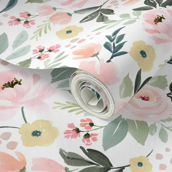 Spoonflower Pink Green Flowers Leaves Peach Roses Custom Pre-pasted Wallpaper - Pink,green,gray