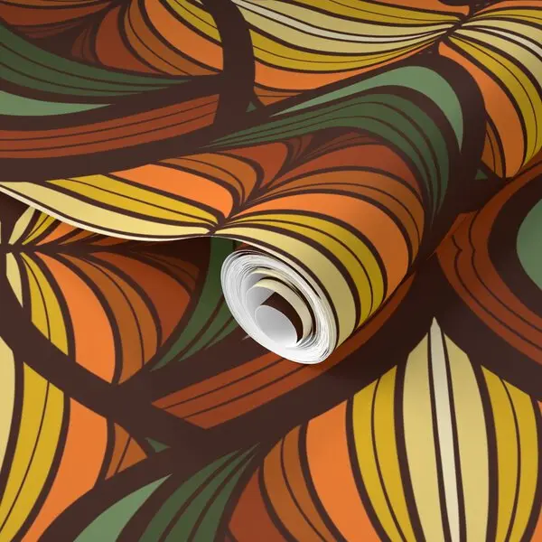 Spoonflower Yellow Red Orange Psychedelic Fire Groovy 70s Custom Pre-pasted Wallpaper - Brown,orange