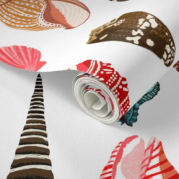 Spoonflower Seashells Shells Sea Ocean Nautical White Summer Custom Pre-pasted Wallpaper - Red,white,green