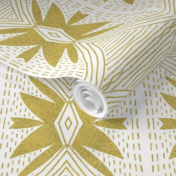 Spoonflower Gold Abstract Floral Line Boho Embroidery Look Traditional Wallpaper - Gold,beige,yellow
