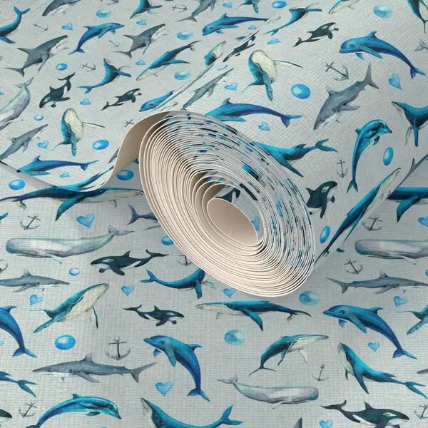 Spoonflower Bigger Scale Deep Blue Sea Whales Dolphins Sharks 100% Natural Sisal Grasscloth Wallcovering - Gray,green