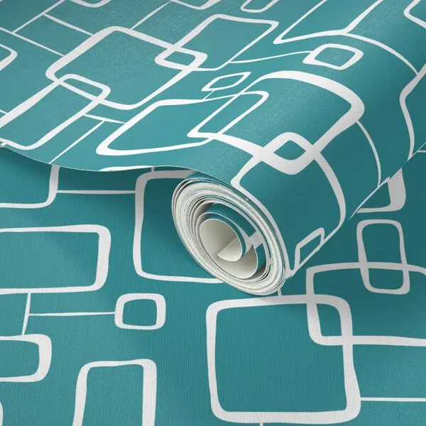 Spoonflower Vintage Blue Retro Geometric Abstract Aqua Square Custom Pre-pasted Wallpaper - Blue,teal