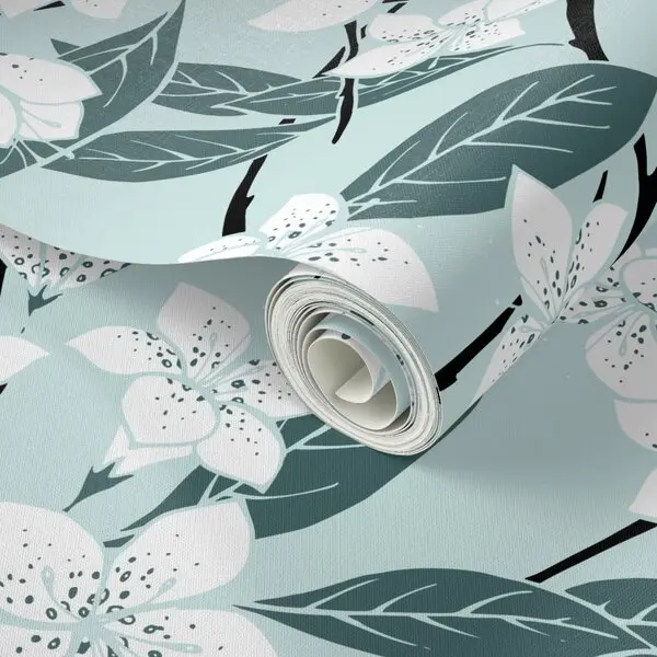 Spoonflower Cherry Blossom Branches Pine Mint Black White Custom Removable Wallpaper - Blue,green