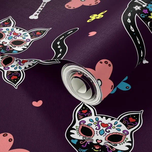 Spoonflower Cat Day Of The Dead Dia De Los Muertos Calaveras Custom Pre-pasted Wallpaper - Purple,pink,red