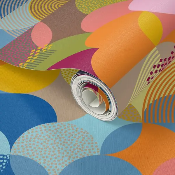 Spoonflower Abstract Summer Landscape Color Block Modern Art Custom Pre-pasted Wallpaper - Pink,green,brown