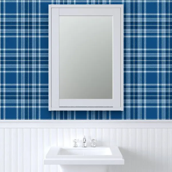 Spoonflower Plaid Monochromatic Tartan Scottish Scotland Custom Pre-pasted Wallpaper - Blue