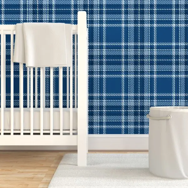 Spoonflower Plaid Monochromatic Tartan Scottish Scotland Custom Pre-pasted Wallpaper - Blue