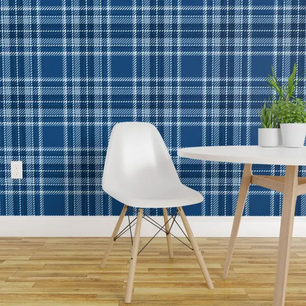 Spoonflower Plaid Monochromatic Tartan Scottish Scotland Custom Pre-pasted Wallpaper - Blue