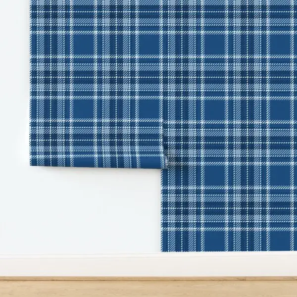 Spoonflower Plaid Monochromatic Tartan Scottish Scotland Custom Pre-pasted Wallpaper - Blue