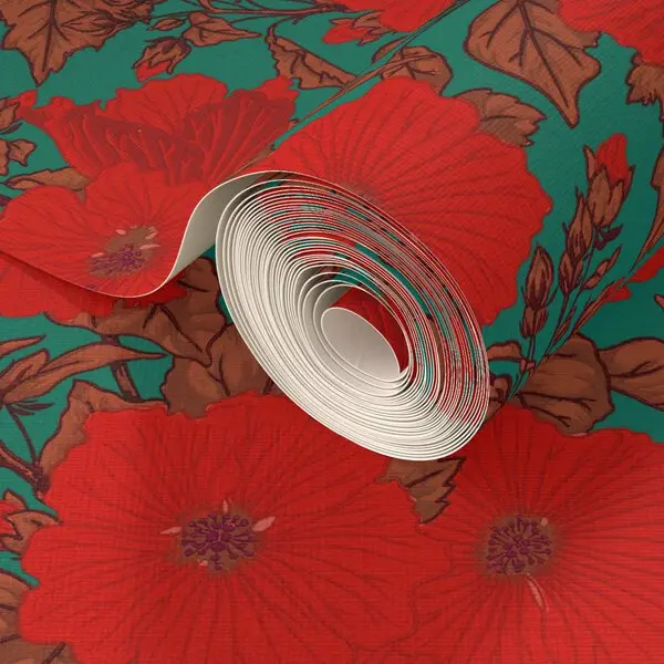 Spoonflower Marshmallow ~ Poppies On Napoleon 100% Natural Sisal Grasscloth Wallcovering - Teal,red,blue