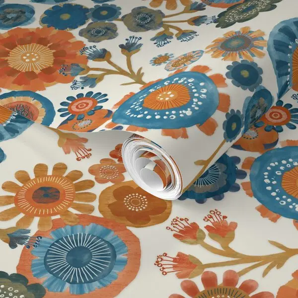 Spoonflower Modern Chintz Floral Orange Blue Flowers Painterly Traditional Wallpaper - Orange,blue,brown
