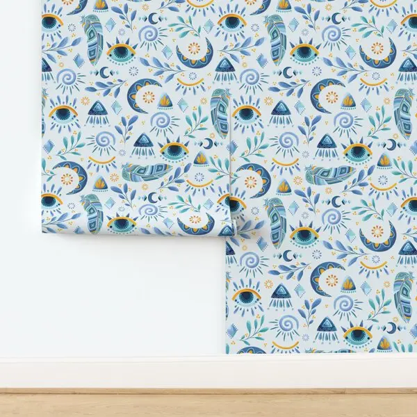 Spoonflower Blue Yellow Stars Sun Feather Folk Eye Custom Pre-pasted Wallpaper