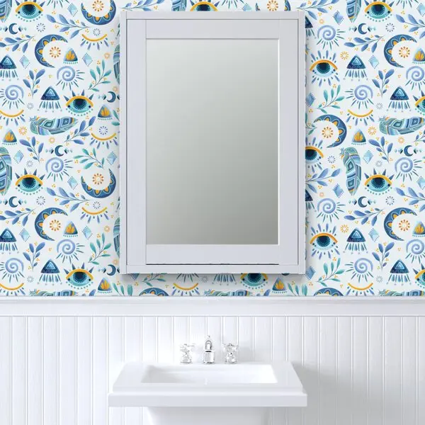 Spoonflower Blue Yellow Stars Sun Feather Folk Eye Custom Pre-pasted Wallpaper