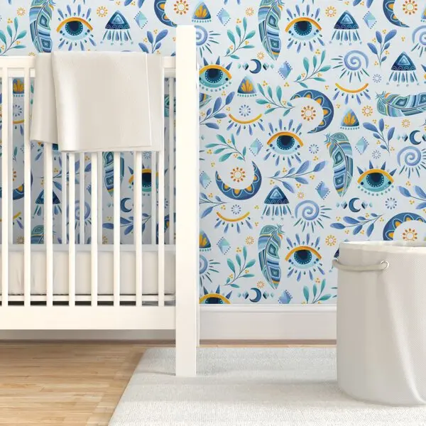 Spoonflower Blue Yellow Stars Sun Feather Folk Eye Custom Pre-pasted Wallpaper