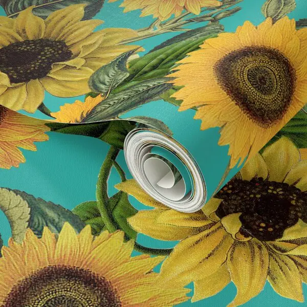 Spoonflower Yellow Vintage Sunflowers Teal Sunflower Nature Custom Pre-pasted Wallpaper - Blue,yellow,green