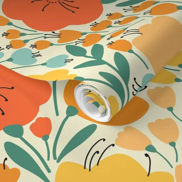 Spoonflower Flower Yellow Floral Nature Spring Summer Meadow Custom Removable Wallpaper - Sage,green,orange