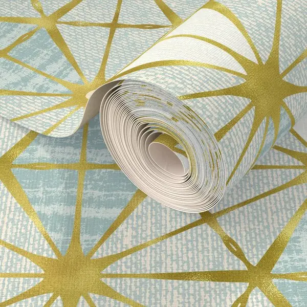 Spoonflower Luminous Gilded Light Aqua Blue Ivory Geometric 100% Natural Sisal Grasscloth Wallcovering - Gold,yellow