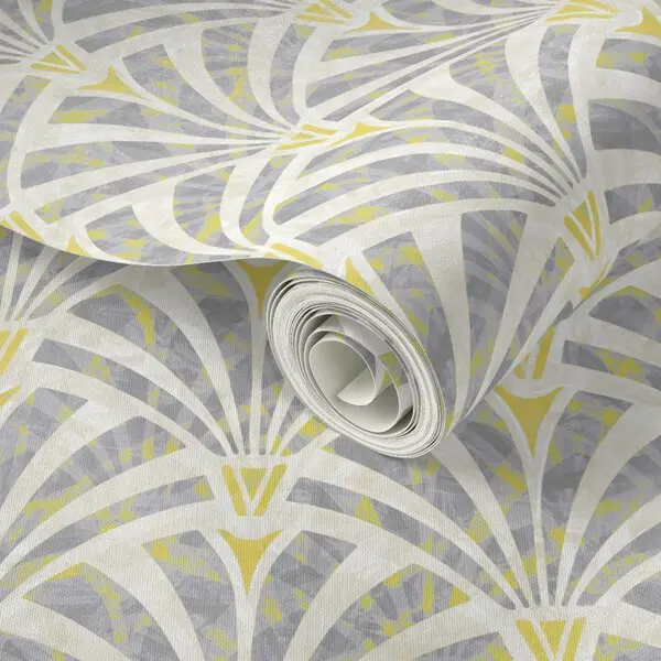 Spoonflower Art Deco Fan Palm Watercolor Grey White Cream Custom Pre-pasted Wallpaper - Gray,yellow,green