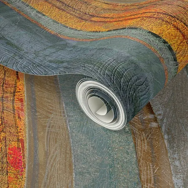 Spoonflower Blue Orange Landscape Painting Minimal Abstract Custom Pre-pasted Wallpaper - Orange,blue,brown