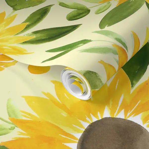 Spoonflower Sunflower Pale Yellow Flower Floral Summer Traditional Wallpaper - Yellow,green