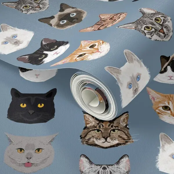 Spoonflower Cat Faces Cats Kitty Cute Kitten Kittens Lady Blue Traditional Wallpaper - Blue,gray,brown