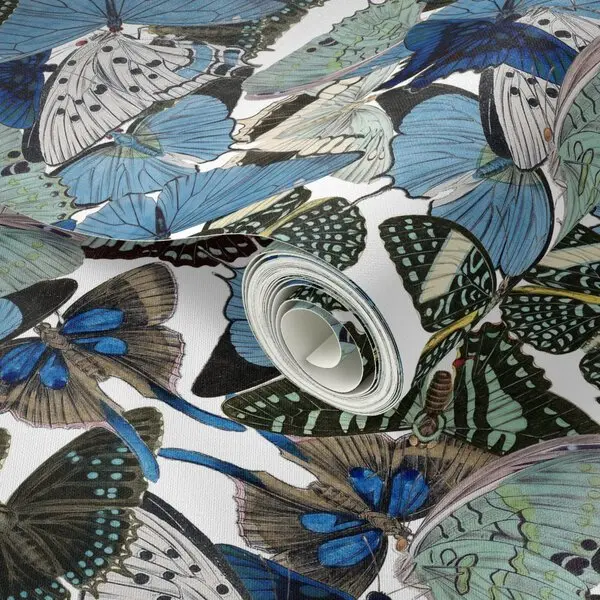 Spoonflower Blue Butterflies Butterfly Pattern Top Custom Pre-pasted Wallpaper - Blue,gray,black