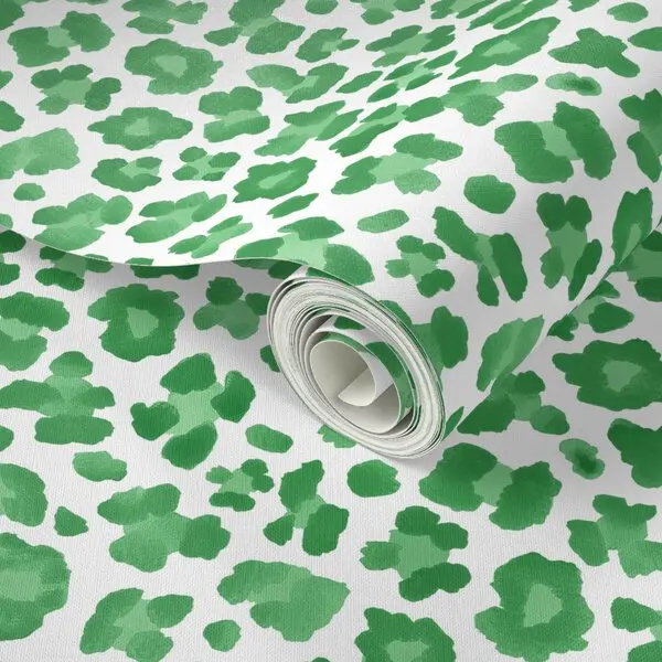 Spoonflower Leopard Print White Green Spots Animal Cheetah Custom Pre-pasted Wallpaper - Green,white
