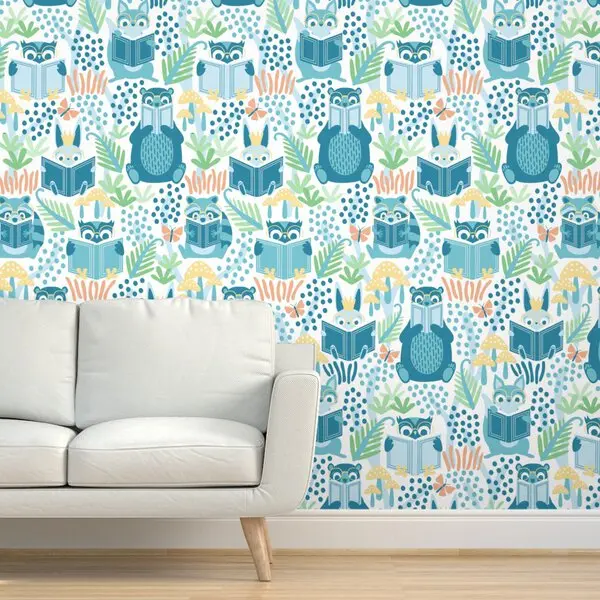 Spoonflower Turquoise Woodland Rabbit Bunny Bear Custom Removable Wallpaper - Blue,white,mint