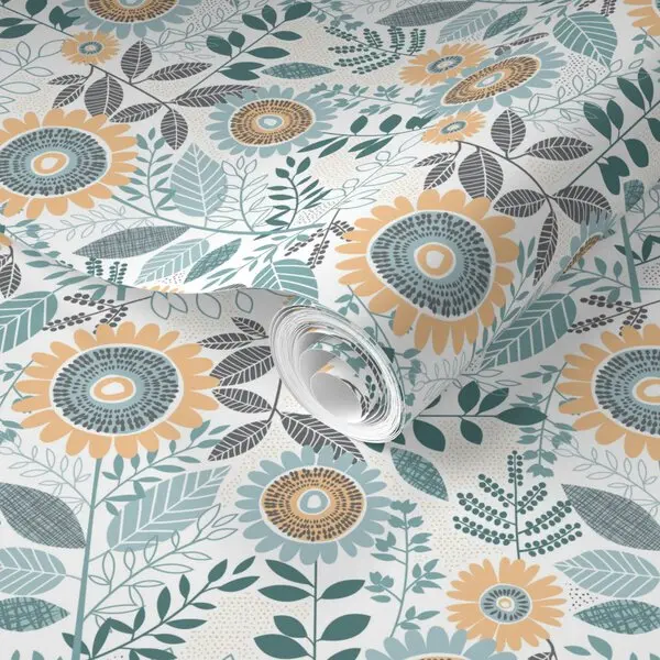 Spoonflower Flowers Leaves Floral Grey Whimsical Sage Decor Custom Pre-pasted Wallpaper - Gray,teal,blue