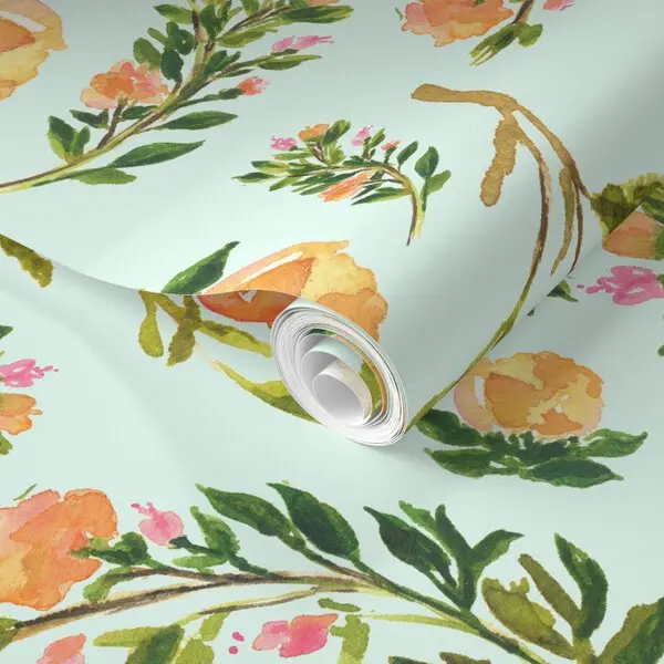 Spoonflower Pink Flowers Floral Branches Mint Peach Custom Pre-pasted Wallpaper - Green,brown