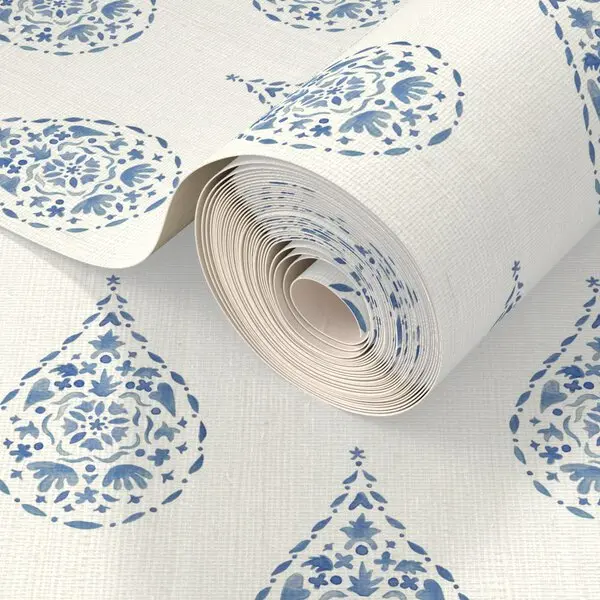 Spoonflower Blue Paisley Medallions White Watercolor Bohemian Custom Pre-pasted Wallpaper - Blue,white,gray