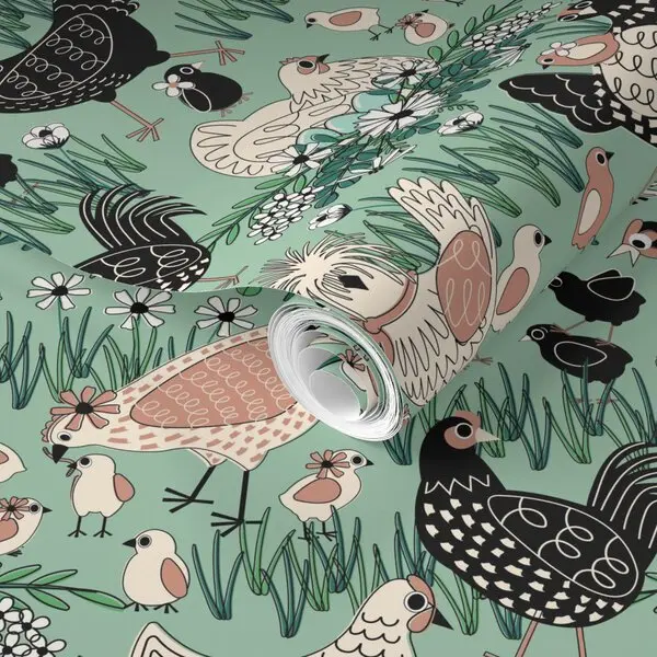 Spoonflower Spring Chickens Bird Pink Black Cream Teal Custom Removable Wallpaper - Green,black,gray