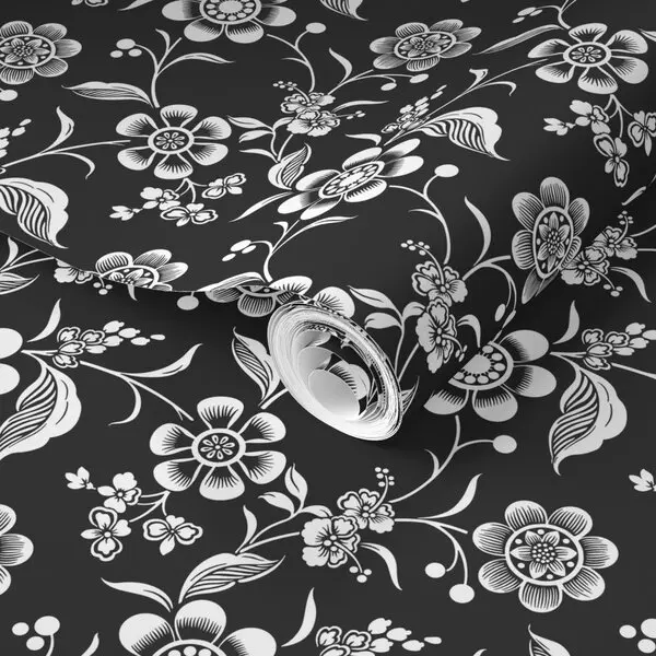 Spoonflower Pareu Black White Floral Retro Art Deco Tropical Custom Pre-pasted Wallpaper - Black,white,gray